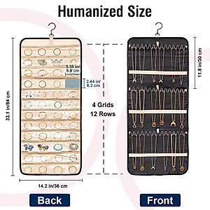 VOPTON Large Hanging Jewelry Organizer with 48 Pockets, Necklace Holder Wall Mounted, Dual-Sided Travel Bracelet Ring Earrings Storage Closet, Jewelry Hangers Hooks for 36 Necklaces Door and 5 Bags