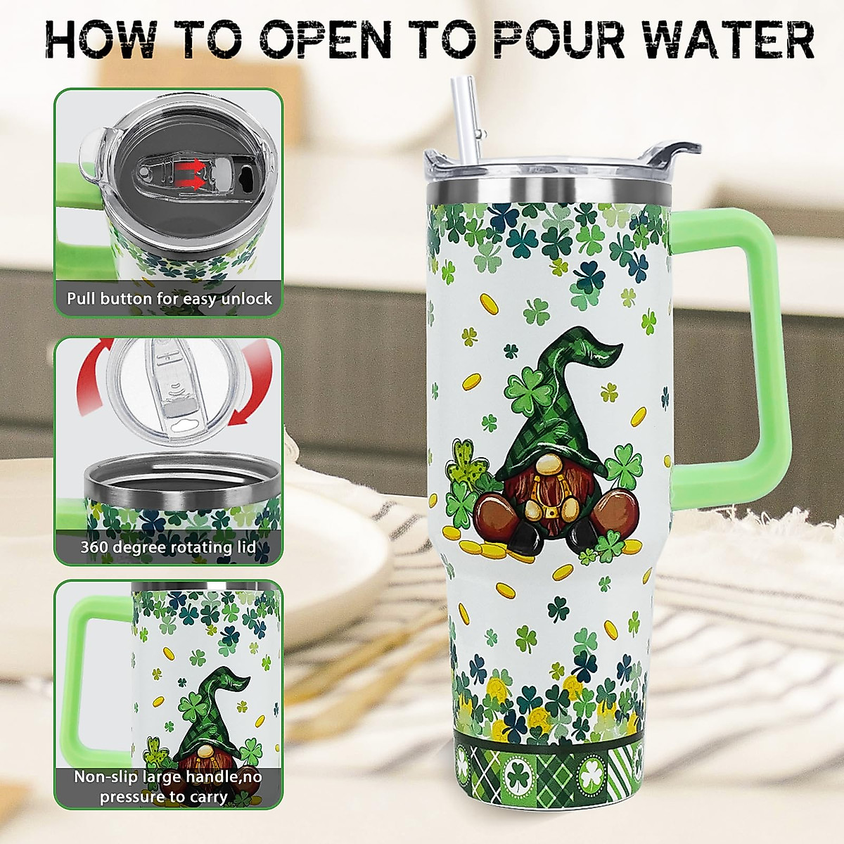 Nqhsionv St Patricks Day Tumbler with Handle 40 oz Lucky Gnomes Shamrock Coffee Travel Mug Stainless Steel Insulated Cup Irish Saint Patricks Decor Gifts
