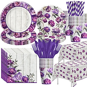 HIPVVILD Peony Party Decorations Dinnerware, Purple Peony Floral Party Supplies, Plate, Cup, Napkin, Cutlery, Tablecloth, Peony Flower Party Tableware For Birthday Bridal Baby Shower Wedding, Serve 24