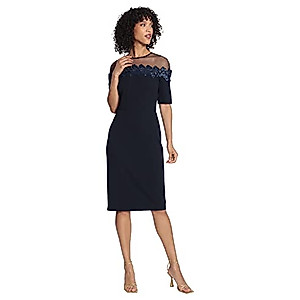 Maggy London Women's Mesh Yoke Pencil Skirt Dress with Applique Trim, Twilight Navy