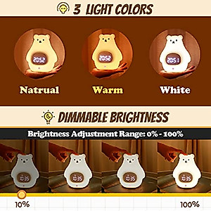 JROSING Bear Night Light, Cute Kids Alarm Clock, Soft BPA-Free Silicone Portable Nursery Lamp, Children USB Rechargeable Nightlight for Girls Boys Toddler Birthday Gifts Bedroom Room Decor