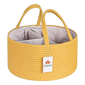Baby Diaper Caddy Organizer Yellow 15"X7.4" Large Round Hanging Nursery Storage Bin Portable Changing Table/Car Travel Tote Bag Removable Inserts Newborn Registry Boy Girl Shower Rope Basket