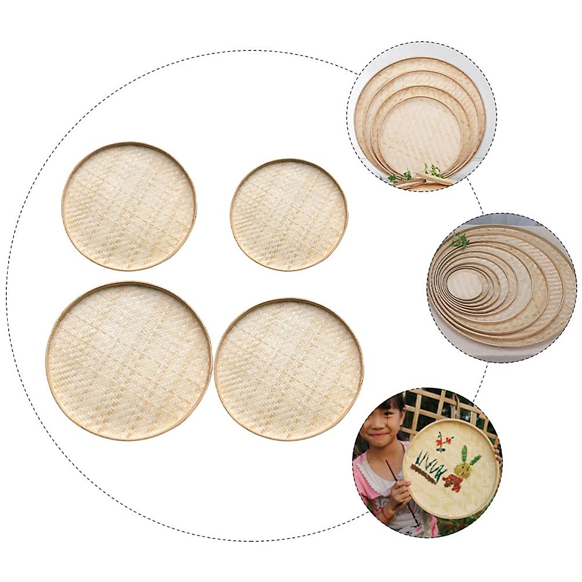 Healifty 4 Pcs Handwoven Flat Wicker Round Fruit Basket Woven Food Storage Weaved Shallow Tray Organiser Vegetable Fruit Bowl Kids DIY Drawing Board Wall Basket Decor for Kitchen Table Centerpiece