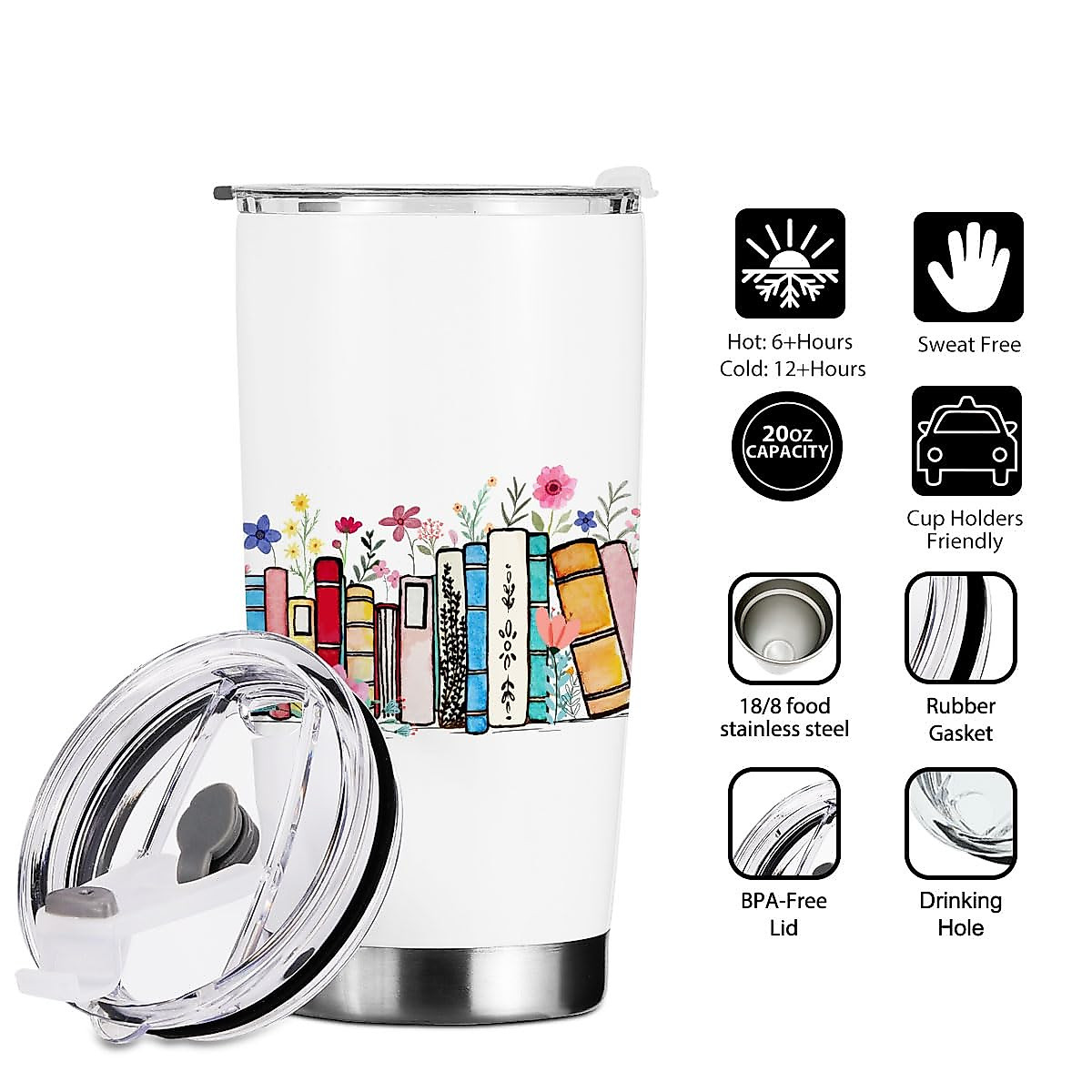 Book Lovers Gifts Stainless Steel Tumbler, Book Club Gifts Bookish Gifts Coffee Mug with Lid, 20 oz Thermal Cup Insulated Water Glasses, Book Accessories Librarian Gifts for Women Girls Readers Friend