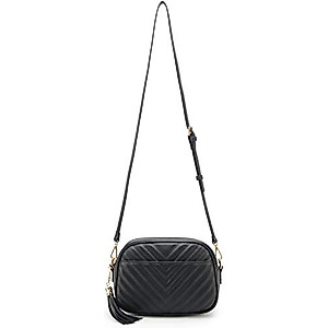 lola mae Quilted Crossbody Bag, Medium Lightweight Shoulder Purse Top Zipper Tassel Accent Black Bag (BLACK LM706V)