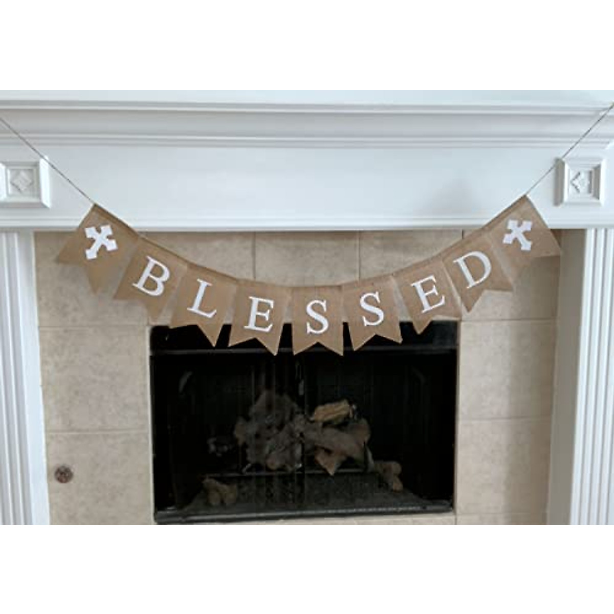 Shimmer Anna Shine Blessed Burlap Banner Baptism and Easter Decorations Christening First Communion Confirmation Baby Shower Wedding Birthday Party Supplies with Cross
