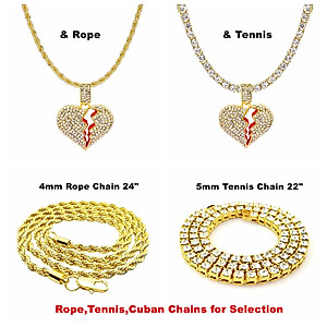 HH BLING EMPIRE Iced Out Broken Heart Chain Necklace for Men Women, Silver Gold Heart Pendant with Rope | Tennis | Cuban Link Chains, Hip Hop Rapper Chain Necklaces (Gold Heart A & Rope)