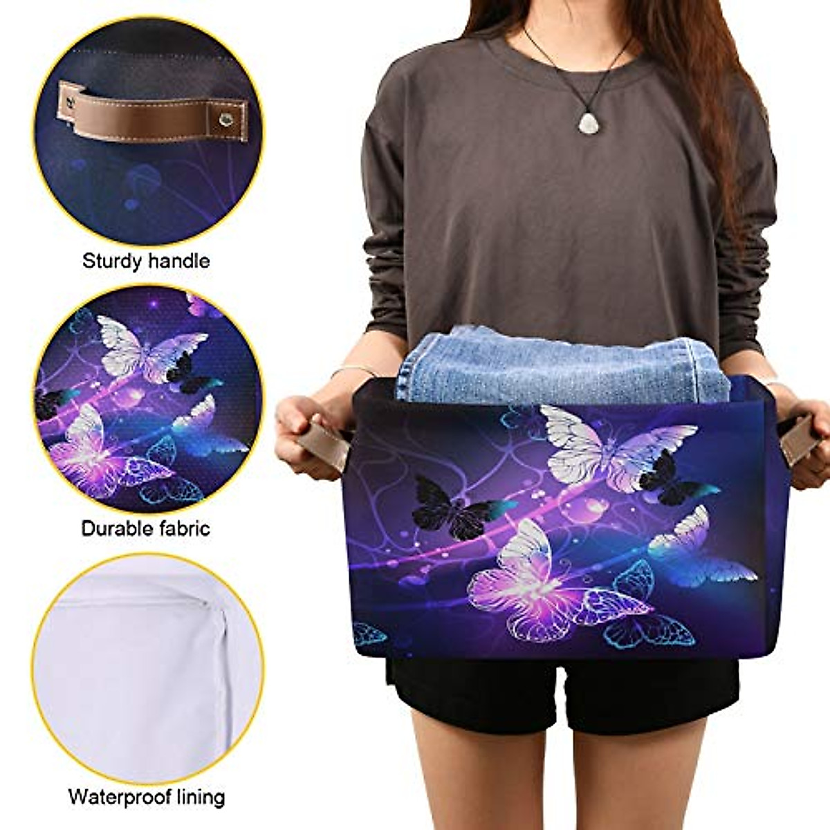 Mazeann Glowing Purple Butterflies Storage Basket Bin Collapsible Foldable for Clothes Toys Storage Cabinets Waterproof Storage Box 15 x 11 x 9.5 inches, 1PC