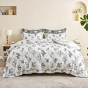 Simple&Opulence 100% Cotton Duvet Cover Set King Size, 3Pcs White Floral Botanical Printed Comforter Cover Set with Button Closure, Soft Breathable Bedding with Linen Trim for All Seasons