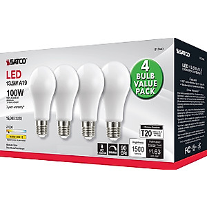 Satco S12440 A19 LED 4-Bulb Value Pack, 100W Replacement, 2700K, White