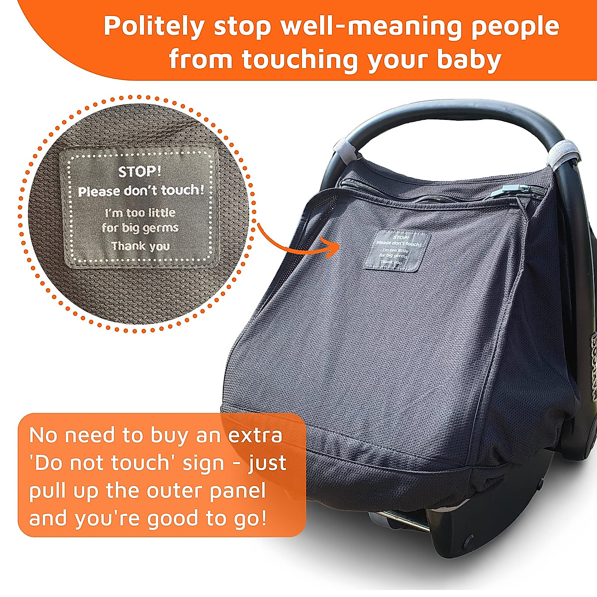 Universal Baby Car Seat Sun & Sleep Cover | Unisex Air-Permeable Mesh Baby Car Seat Canopy | Blocks 99% of UV | Don't Touch Baby Sign Included