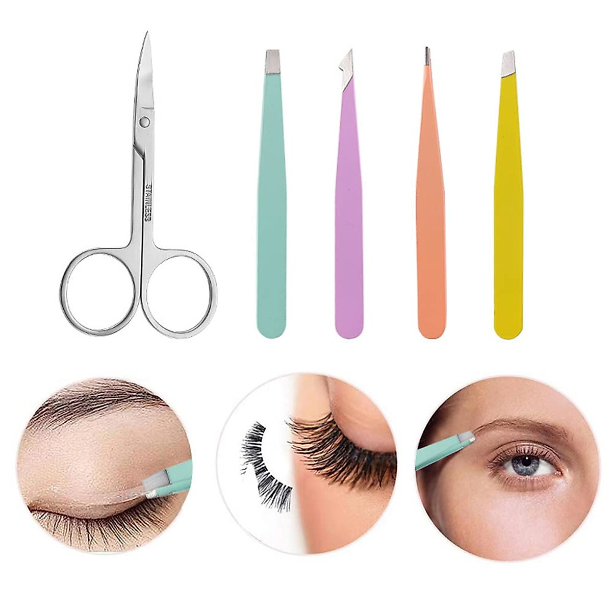 Curved Eyelash Scissors Small Mini Eyebrow Scissors for Women Eyebrow Grooming Kit Tweezers Set Stainless Steel Facial Hair Eyebrow Remover Tools for Women Girls (Set of 5pcs)