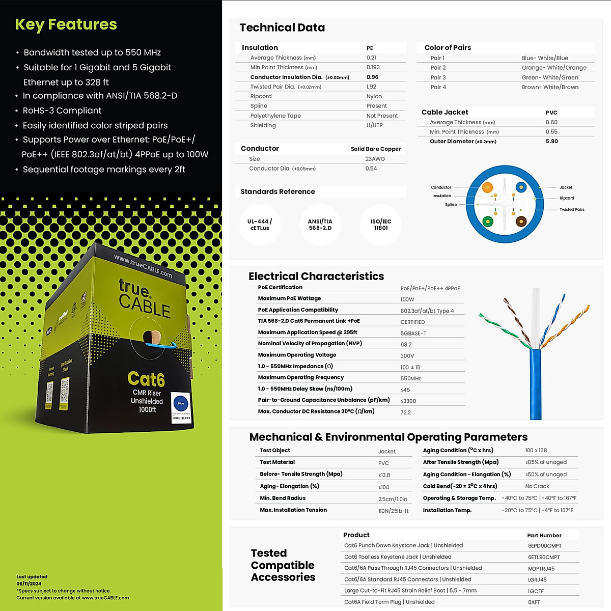 TRUE CABLE Cat6 Riser (CMR), 1000ft, Blue, 23AWG 4 Pair Solid Bare Copper, 550MHz, ETL Listed, Unshielded Twisted Pair (UTP), Bulk Ethernet Cable