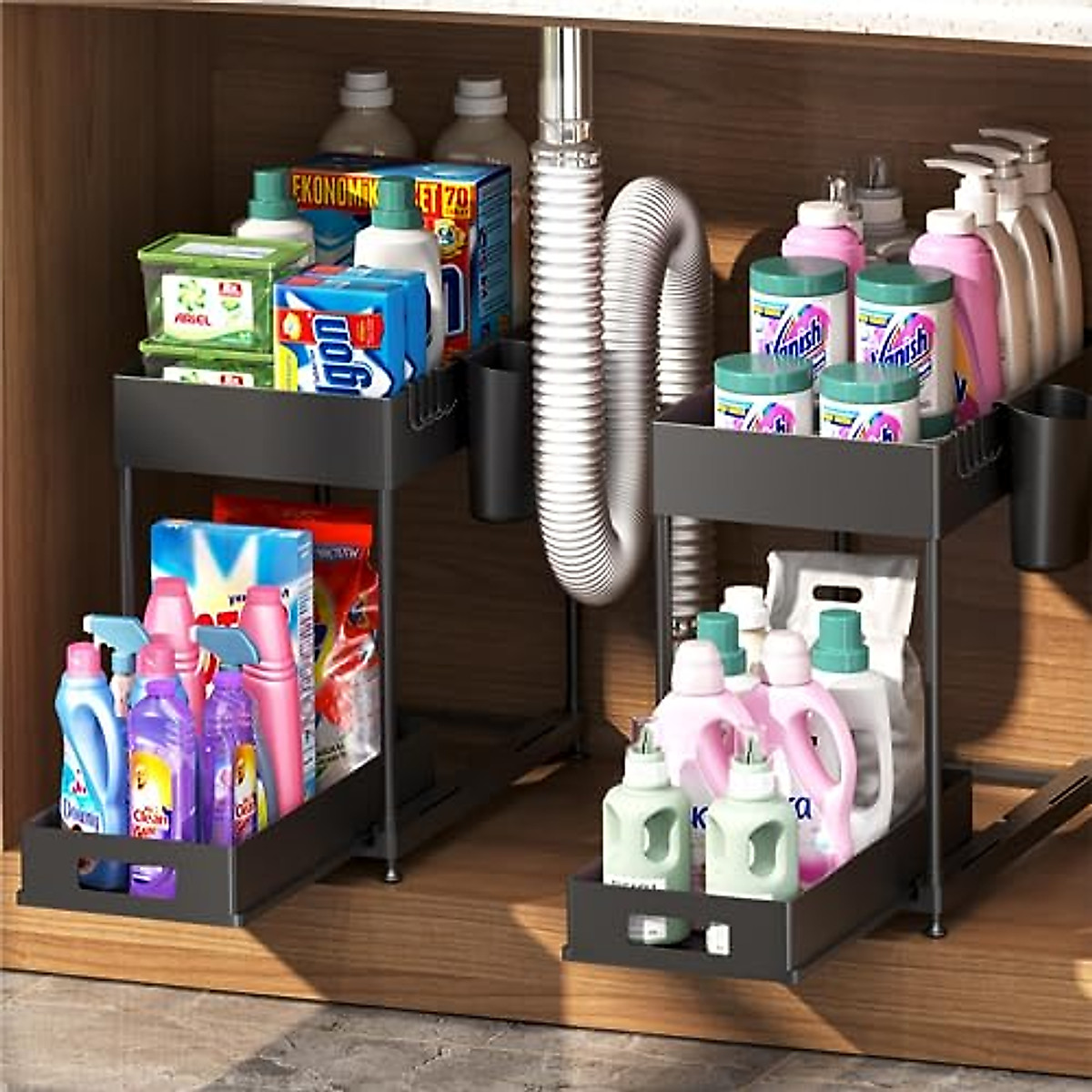 NYYTGE Under Sink Organizer Under Bathroom Cabinet Storage 2 Tier Storage Rack with 4 Hooks, Under Cabinet Organizer Baskets, Multi-purpose Under Sink Shelf Organizer for Bathroom Kitchen