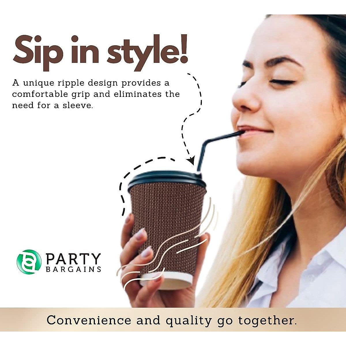 PARTY BARGAINS Ripple Hot Cups with Lids, 16 oz, 40 Count, Brown, Insulated Double Wall, Disposable Paper Coffee Cups, To-Go Cup, Tea, Hot Beverages, No Sleeve Needed