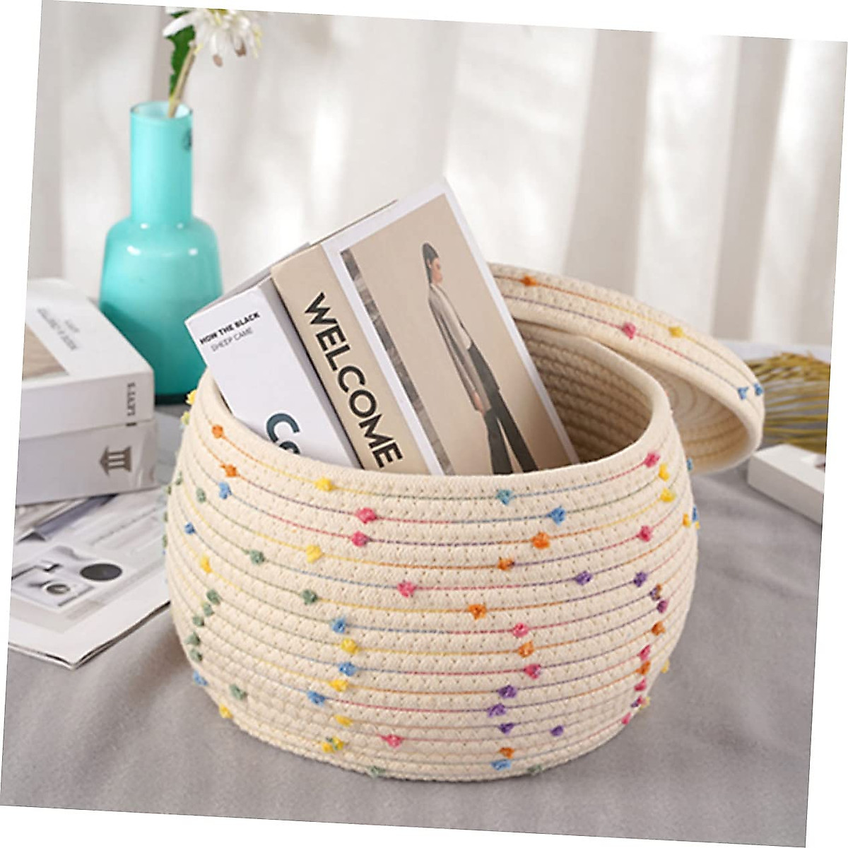 CHILDWEET Rope Storage Basket Round Storage Basket Small Baskets for Shelves Laundry Basket Woven Round Rattan Boxes Woven Storage Bin Rattan Storage Baskets Home Supplies Bedroom Organizer