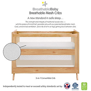 BreathableBaby Breathable Mesh 3-in-1 Convertible Crib (Toddler Bed Kit Sold Separately) — Beech — Two Adjustable Mattress Heights — Greenguard Gold Certified