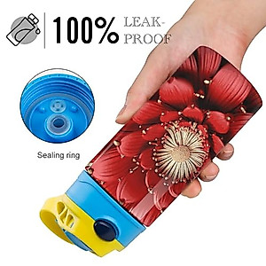 Stainless Steel Water Bottles Red Gold Flower Travel Water Cups with Handle And Silicone Straw Drinking Cup with Leak Proof Lid Thermo Travel Mug for Women Men