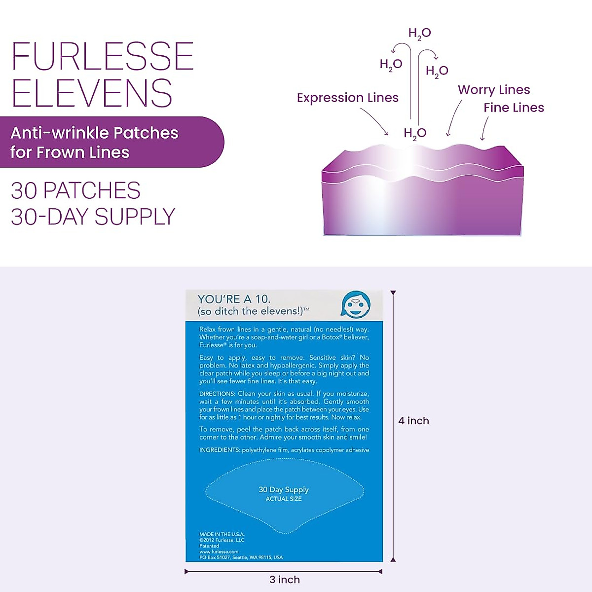 Furlesse Elevens Wrinkle Patches, Overnight Wrinkle Patches for Frown Lines, Non-Invasive Anti-Wrinkle Patches, Anti-Aging Skincare, 30 Patches, 30-Day Use