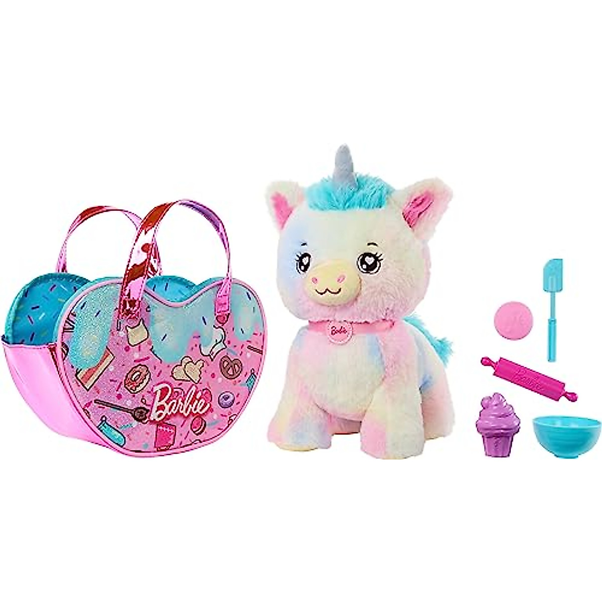 Barbie Stuffed Animals, Unicorn Toys, Plush Unicorn with Dessert-Themed Purse Playset and 5 Accessories, Chef Pet Adventure
