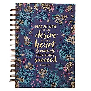 Christian Art Gifts Journal w/Scripture Desire Of Your Heart Psalm 20:4 Bible Verse Blue Floral 192 Ruled Pages, Large Hardcover Notebook, Wire Bound