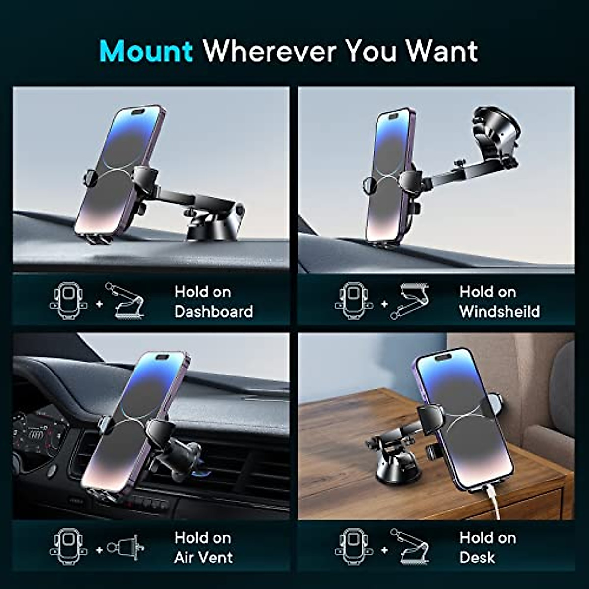 Lamicall Phone Mount for Car, [One Touch Auto Clamping] Car Cell Phone Holder Mount Dashboard Windshield Vent for iPhone 14 13 12 Pro Max, Samsung Galaxy S22 All Phones