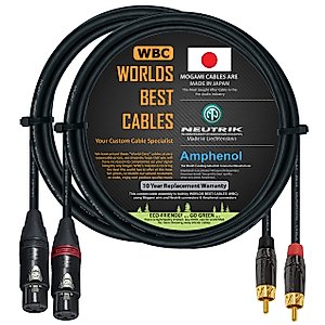 WORLDS BEST CABLES 3 Foot - RCA to XLR (Female) Cable Pair – Mogami 2549 Audio Interconnect Cable & Amphenol ACPL RCA & Neutrik Female XLR Gold Plugs - Custom Made