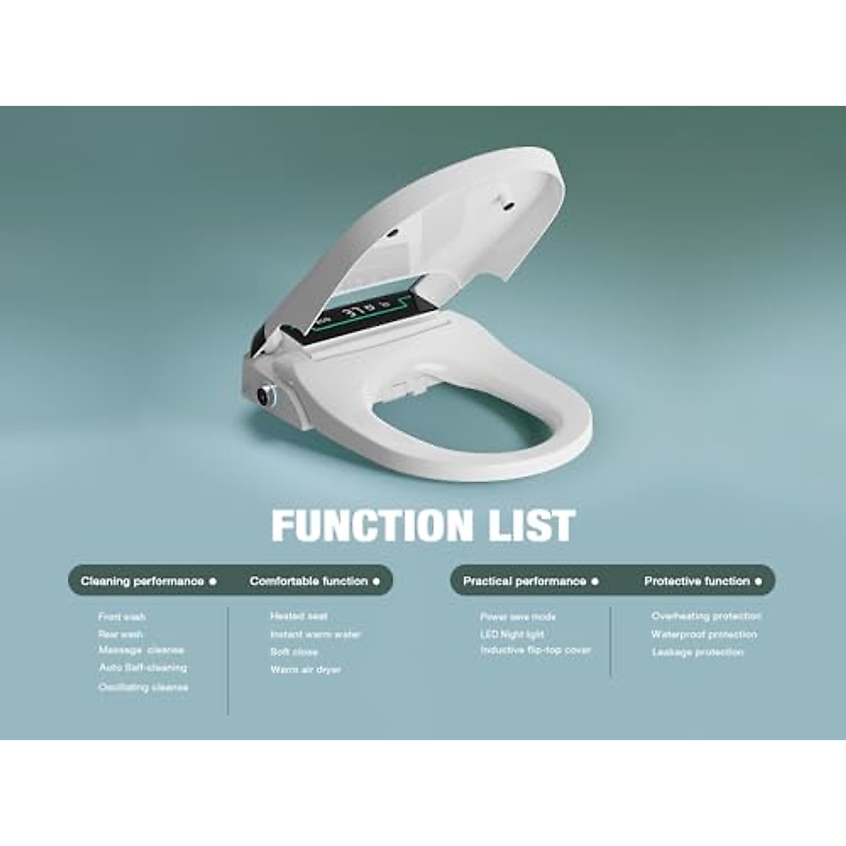 MEJE #001U-Electronic Bidet Seat for Elongated Toilets with Remote Control, Temperature Display Heated Toilet Seat,Auto Open and Close,Warm Air Dryer and Temp Controlled Wash Functions (White)