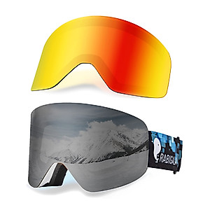 RABIGALA Ski Goggles with Detachable Lens, Frameless Magnetic Interchangeable Lens Anti-Fog 100% UV Protection Snowboard Snow Goggles (silver/revo)