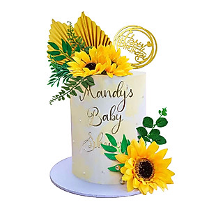 18 PCS Sunflower Cake Toppers, Sunflower Cake Decoration with Sunflowers, Golden Palm Leaves and Eucalyptus Leaves for Birthday Party, Wedding, Baby Shower, Sunflower Party Supplies
