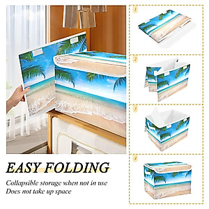 DIGTIA Storage Bins with Lids Coconut Palm Leaves Foldable Storage Boxes with Handles Tropical Beach Sea Large Storage Basket Collapsible Organizer Containers for Closet Home Bedroom Office