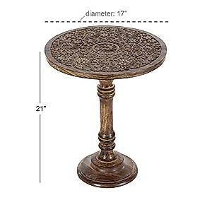 Deco 79 Mango Wood Floral Handmade Intricately Carved Accent Table, 17" x 17" x 21", Dark Brown