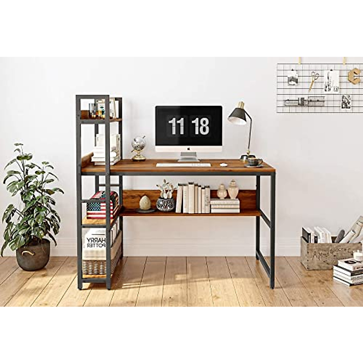 Cubiker Computer Desk 47 inch with Storage Shelves, Home Office Desk, Study Writing Work Table, Modern Simple Style, Deep Brown