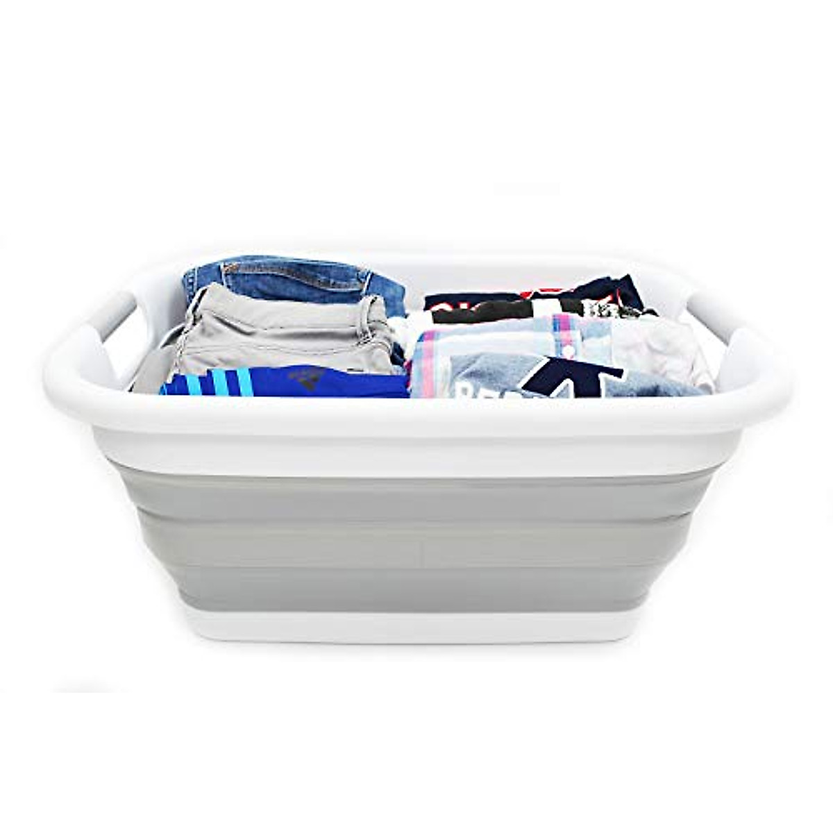SAMMART 41L Set of 2 Collapsible Plastic Laundry Basket - Foldable Pop Up Storage Container/Organizer - Portable Washing Tub - Space Saving Hamper/Basket (2, White/Grey)