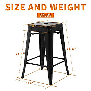 HCY Metal Dining Chairs Metal Bar Stools Kitchen Chairs 24 Inches Patio Chairs Set of 4 Stackable Chair for Indoor Outdoor (Black)