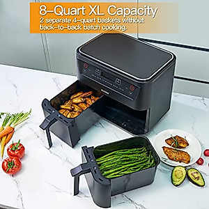 Air Fryer, 8 Quart Dual Zone Air Fryers Oilless Cooker with 2 Independent Nonstick Frying Baskets, 6-in-1 Cooking Functions Airfryer, Black