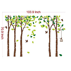 Large Five Family Trees with Birds and Birdcage Jungle Tree Wall Decal Removable Vinyl Sticker Mural Art Baby Girl Nursery Decor Baby Room Decor Kids Room Decor (103.9x70.9) (Brown)