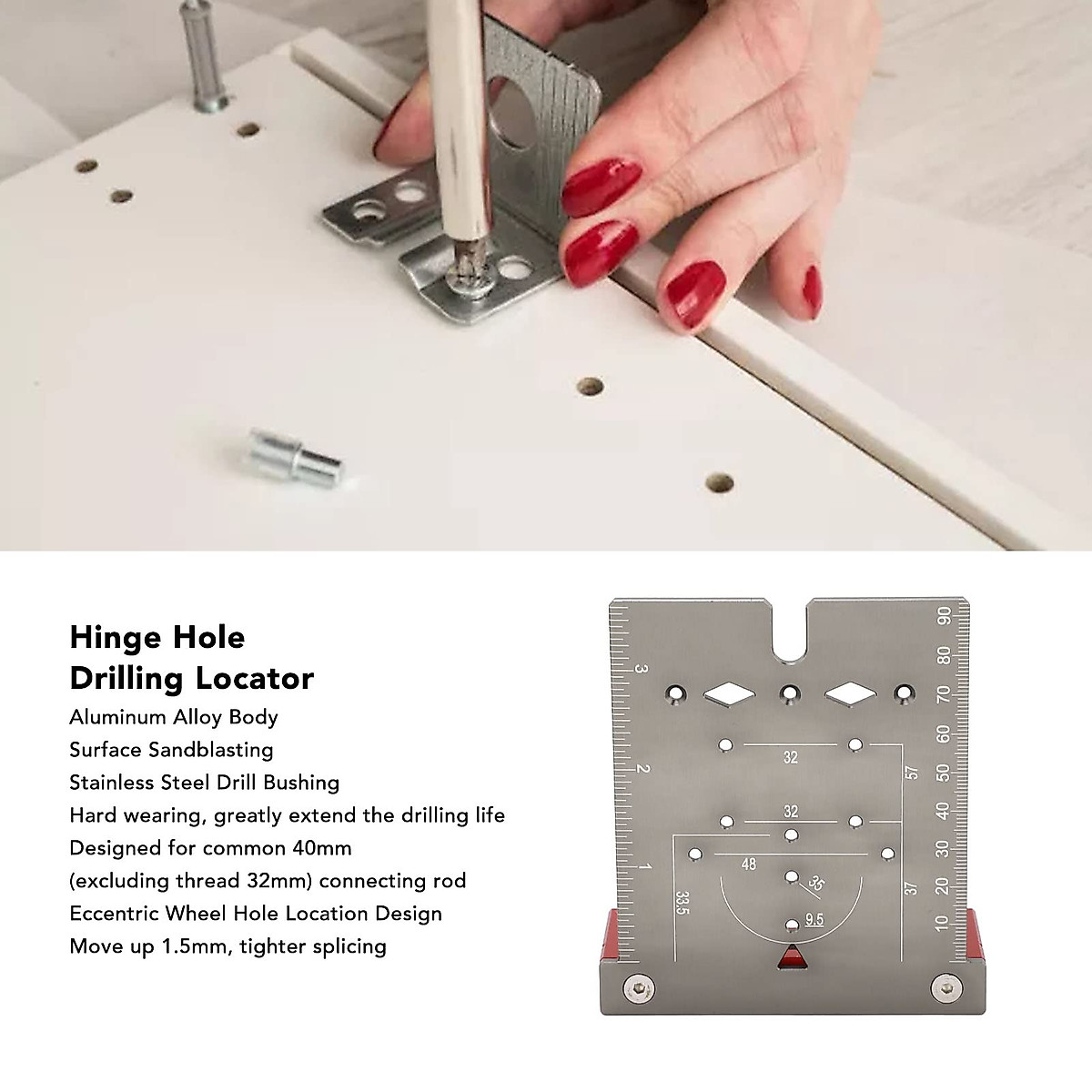 Stainless Steel Cup Style Concealed Hinge Jig with Clamp,35mm Drilling Guide Hole Punch Locator Kit for Cabinet Door Hinges Inset Improve Mounting Efficiency (L)