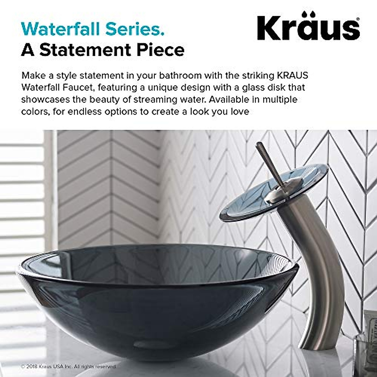 KRAUS Tall Waterfall Bathroom Faucet for Vessel Sink with Clear Black Glass Disk, Satin Nickel KGW-1700SN-BLCL