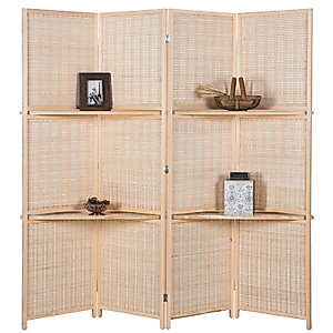 RHF 6 ft Tall (Extra Wide) Beige Woven Bamboo Room Divider&Room dividers and Folding Privacy Screens,Partition Wall, with 2 Display Shelves&Room Divider with Shelves-Bamboo -4 Panels 2 Shelves