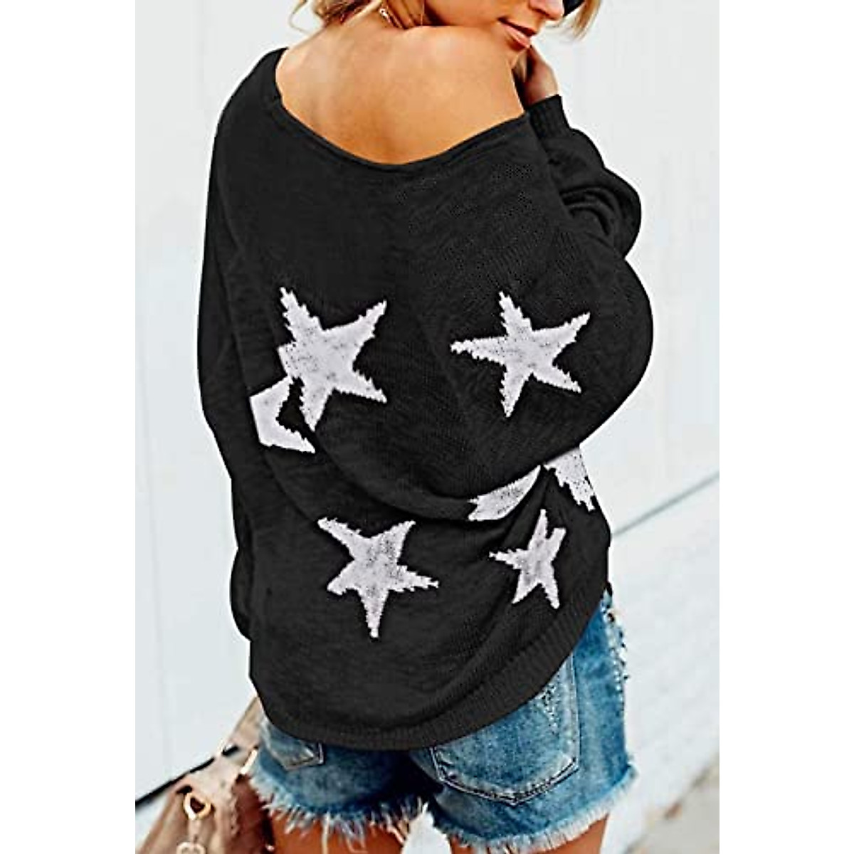 COCOLEGGINGS Women's V Neck Long Sleeve Star Sweater Jumper Pullover Black M