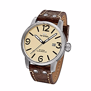 TW Steel Men's Maverick Stainless Steel Quartz Watch with Leather Calfskin Strap, Brown, 22 (Model: MS2)