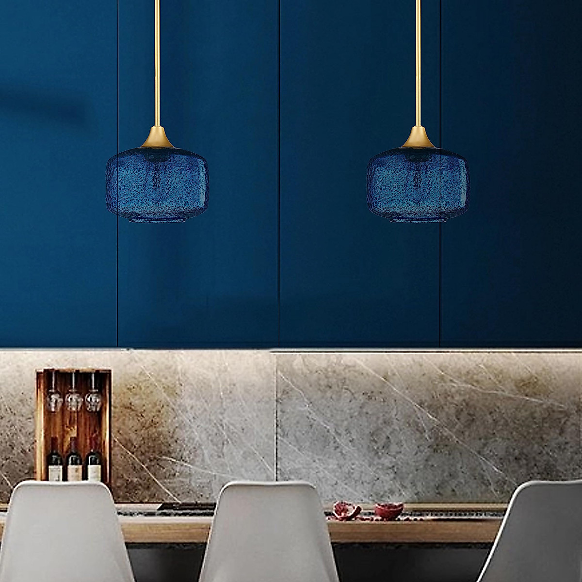 1 Light Hanging Indoor Kitchen Island Pendant Light 7.75" Ancient Seeded Glass Pendant Ceiling Light Fixtures Modern Farmhouse Dinning Over Sink Hallway (Blue Glass, 1 Pack)