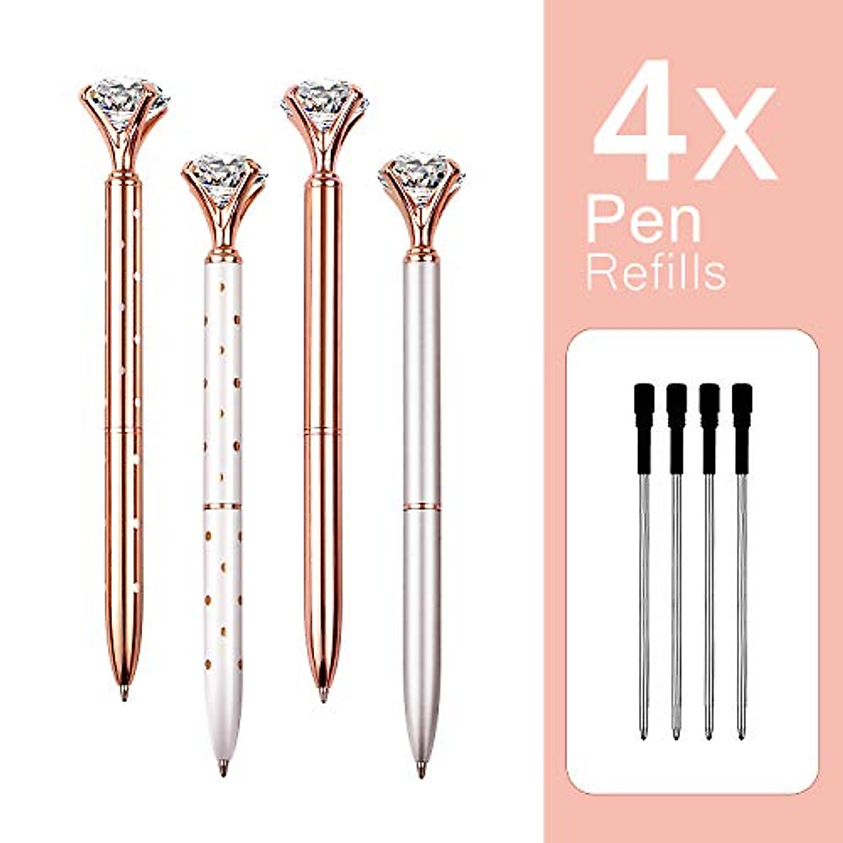 4 PCS Diamond Pen With Big Crystal Bling Metal Ballpoint Pen, Office Supplies And School, Rose Gold/White Rose Polka Dot/Silver/Rose Gold With White Polka Dots, Includes 4 Pen Refills