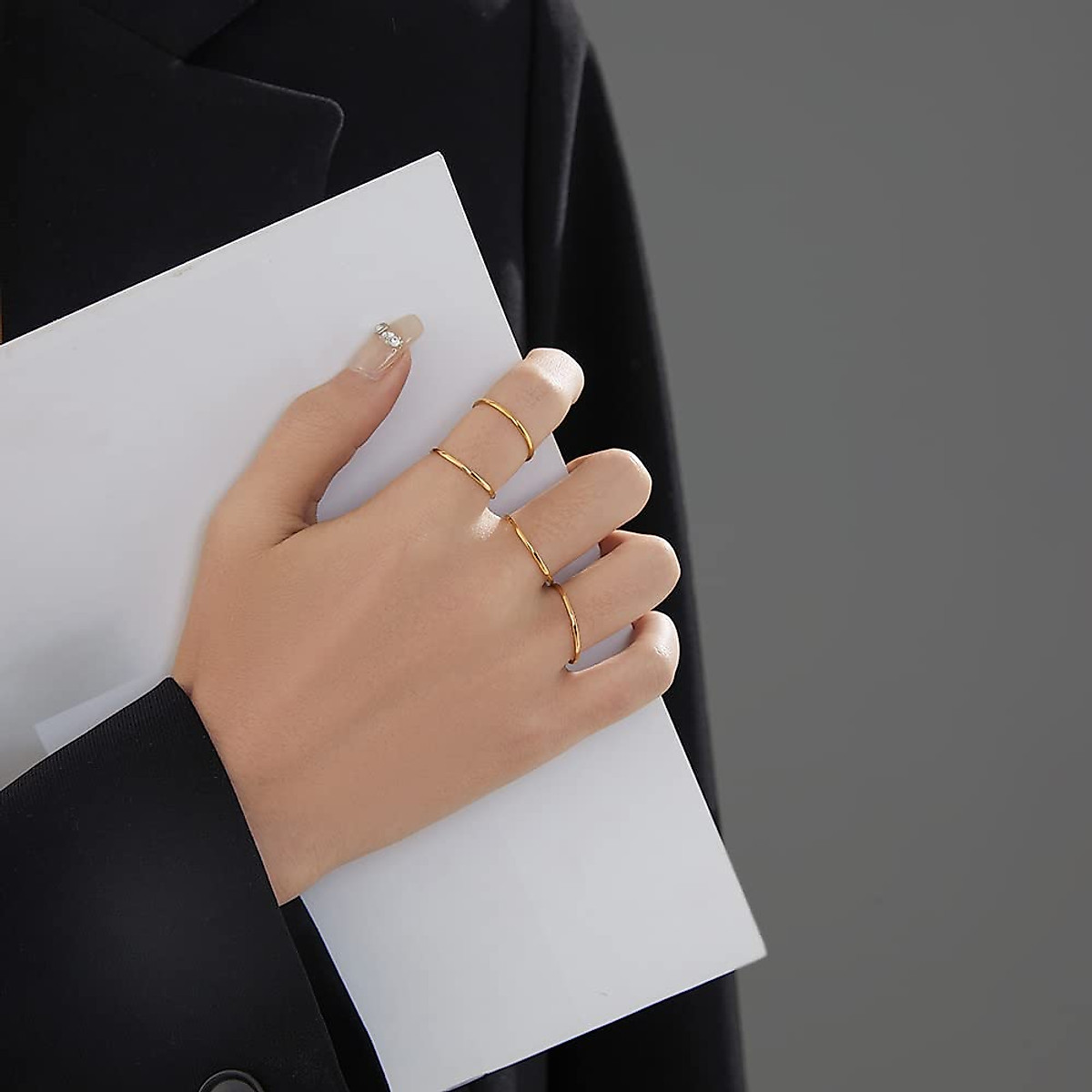 VQYSKO 2PCS 1mm/2mm/3mm14K Gold Filled Rings Stacking Rings for Women Stackable Thin Silver/Gold/Black Ring Plain Statement Band Comfort Fit, Size 3-10 (Gold-1MM-2PCS, 4)