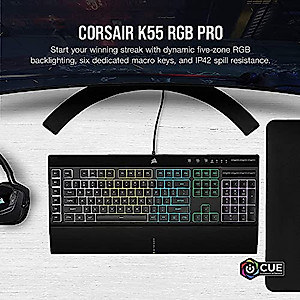 Corsair K55 RGB PRO Membrane Wired Gaming Keyboard – IP42 Dust and Spill-Resistant – 6 Macro Keys with Elgato Integration – iCUE Compatible – QWERTY NA – PC, Mac, Xbox – Black