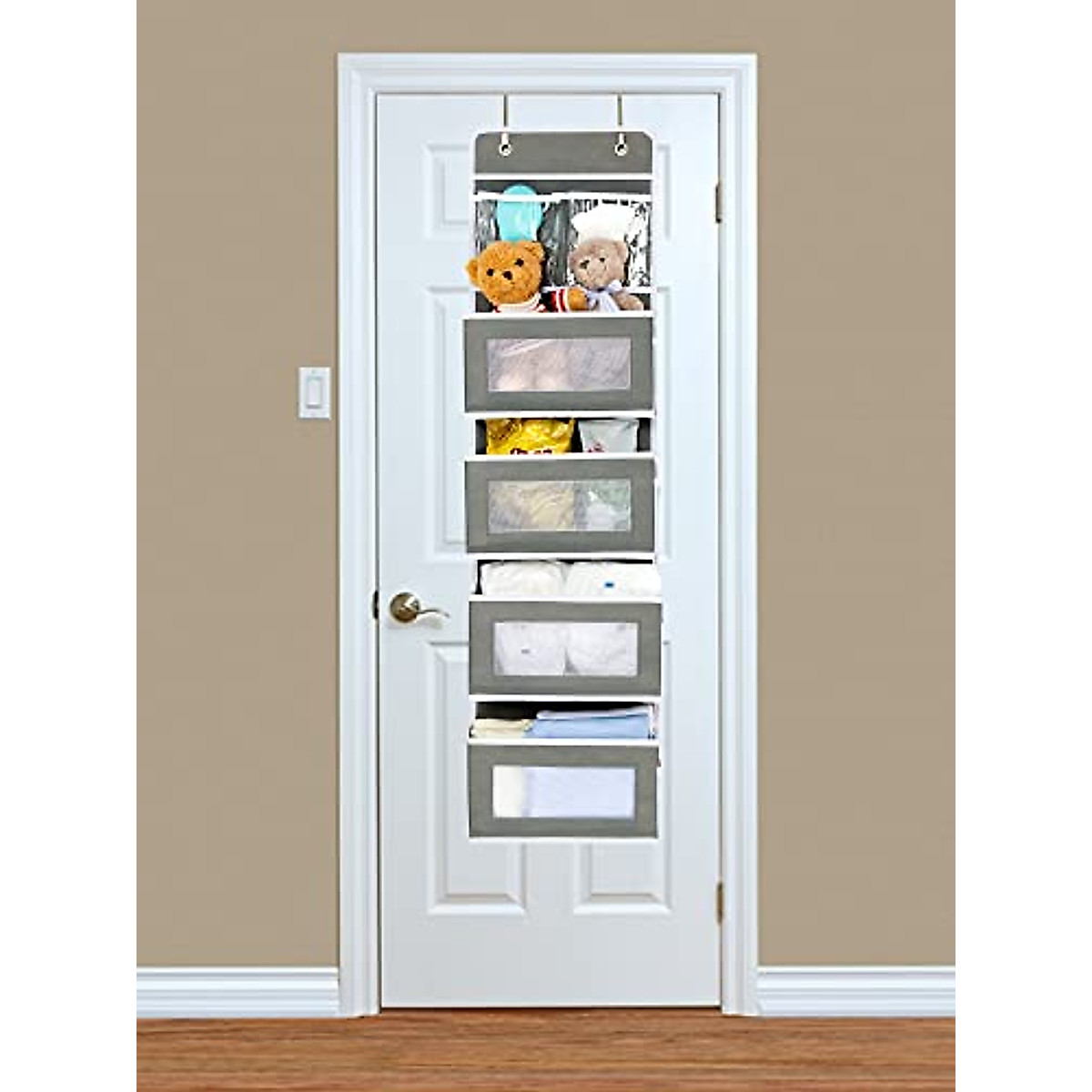 JARLINK 2 Pack 5-Shelf Over Door Hanging Organizer, Wall Mount Storage for Bedroom, Clear Window and PVC Pocket for Storage Cosmetics, Stationery, Sundries, etc (Grey)