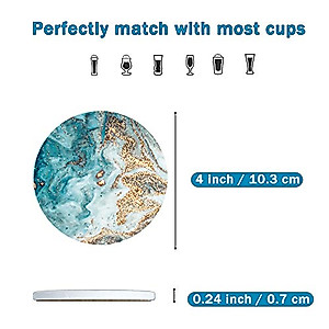 Dooke Coasters for Drinks, Round Absorbent Ceramic Stone Coasters Set of 6 with Cork Base, Funny Drink Coasters with Holder for Cold Drinks Wine Mugs and Cups Tabletop Protection, 4 Inches,Teal Marble