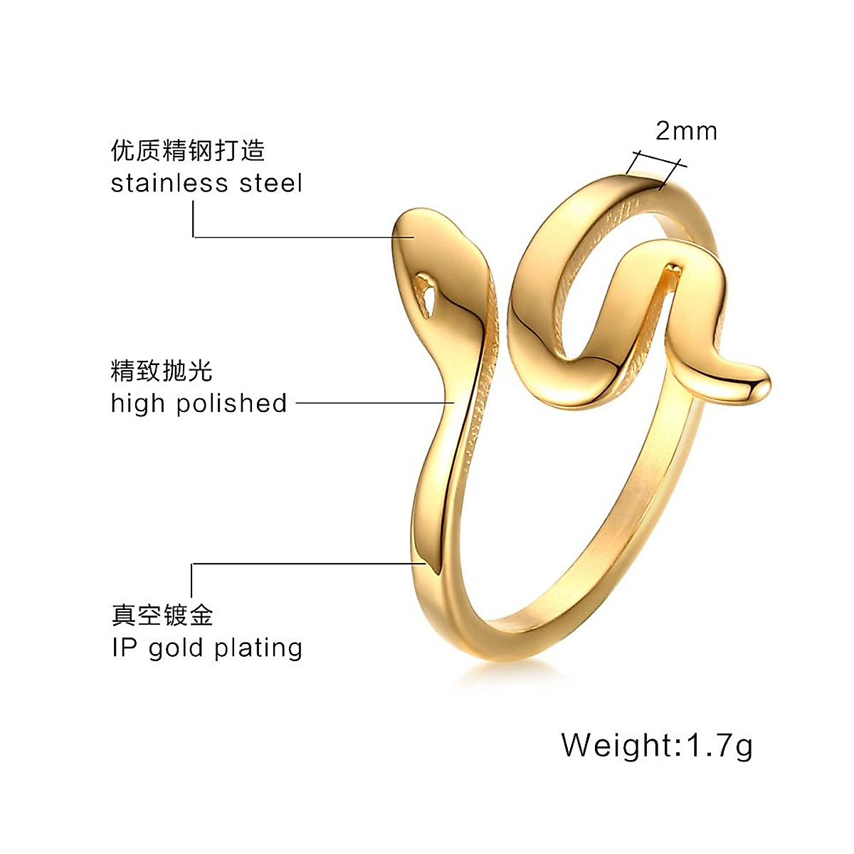 Ximi Jewelry Stainless Steel Fashion Snake Rings for Womens,Gold Plated,Size6-8 (8)