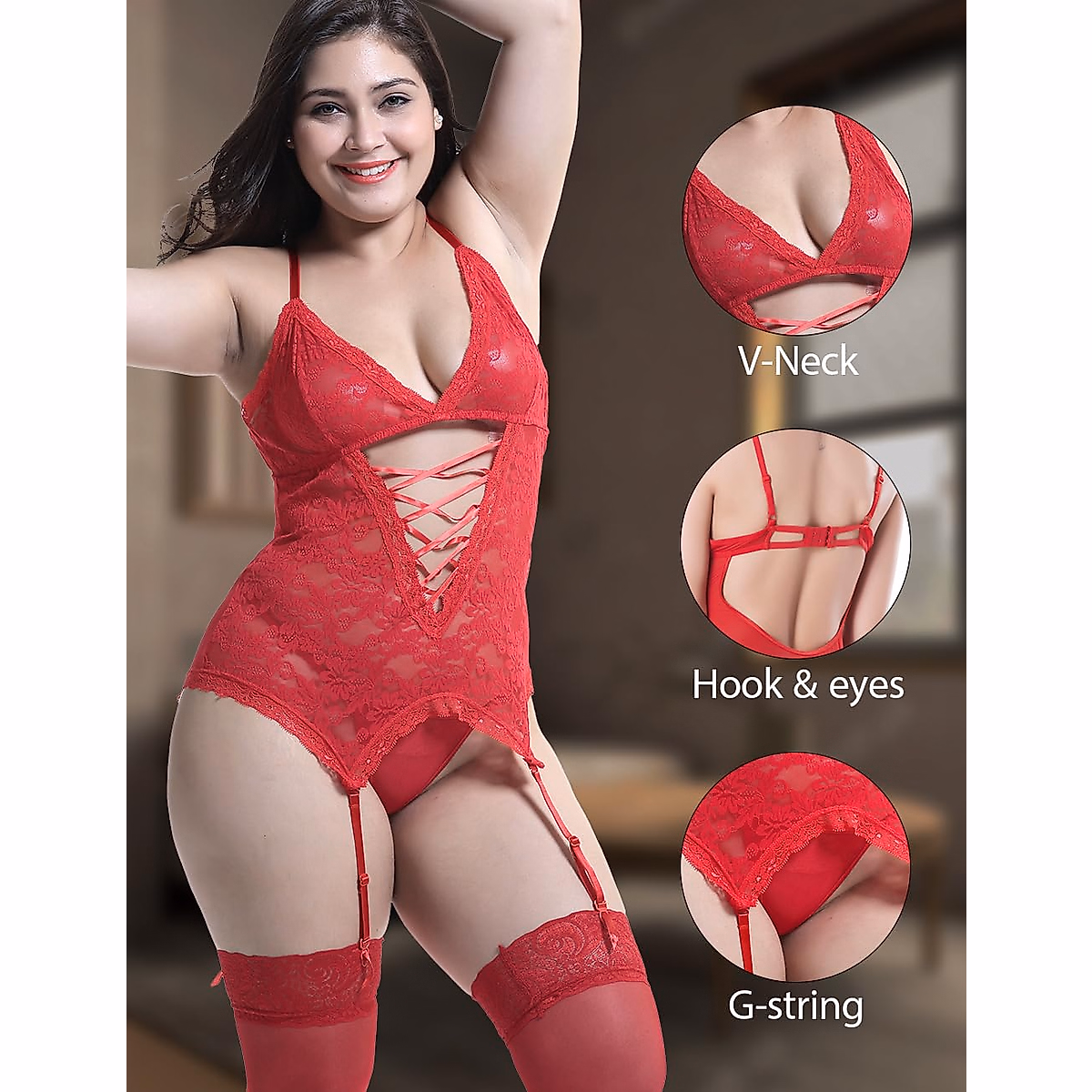 Anyou Lingerie for Womens Lingerie Lace Teddy Plus Size Lingeire Bodysuit Chemise Nightwear with Stockings Size Large Red